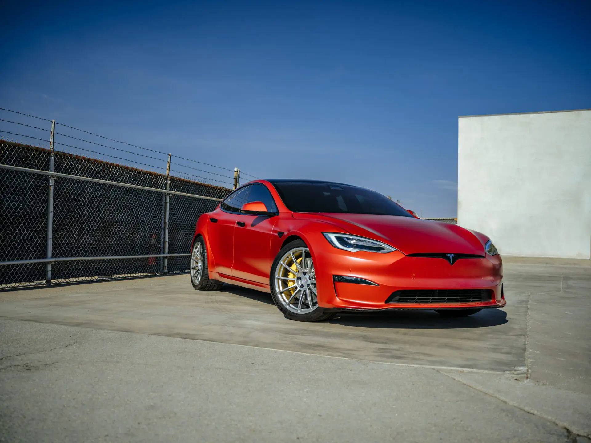 Satin Red Tesla Model S Plaid - UP-03 Forged Wheels & Carbon Fiber BBK ...