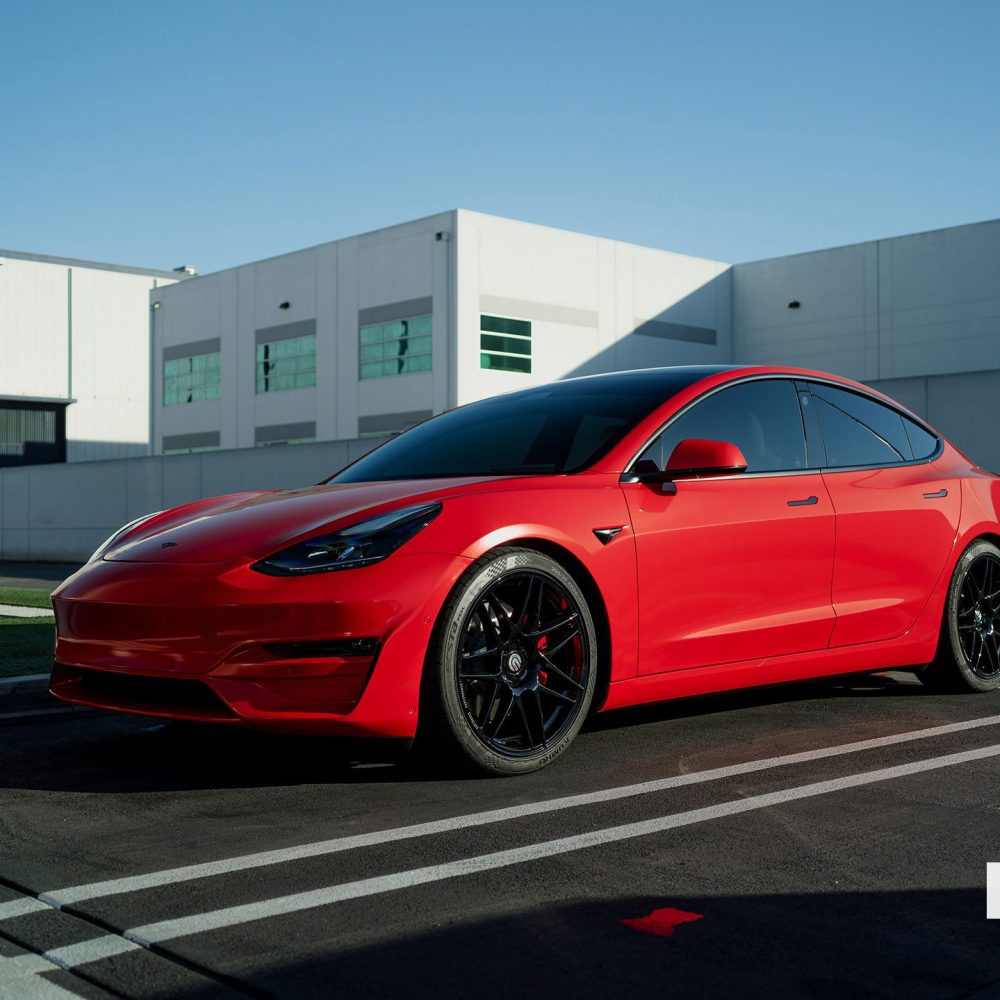 Lowered Gray Tesla Model 3 on UP x BBS Flugplatz Wheels in Astroid Gray