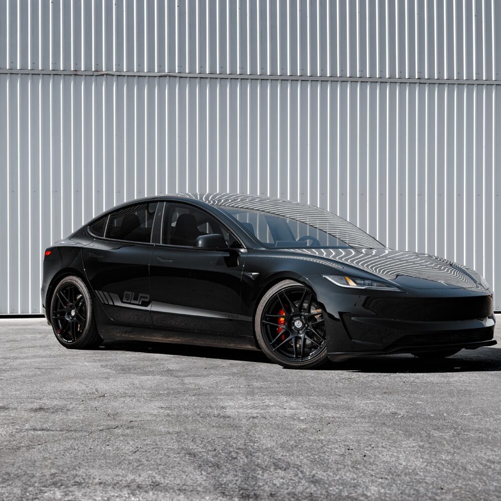 Lowered Gray Tesla Model 3 on UP x BBS Flugplatz Wheels in Astroid Gray